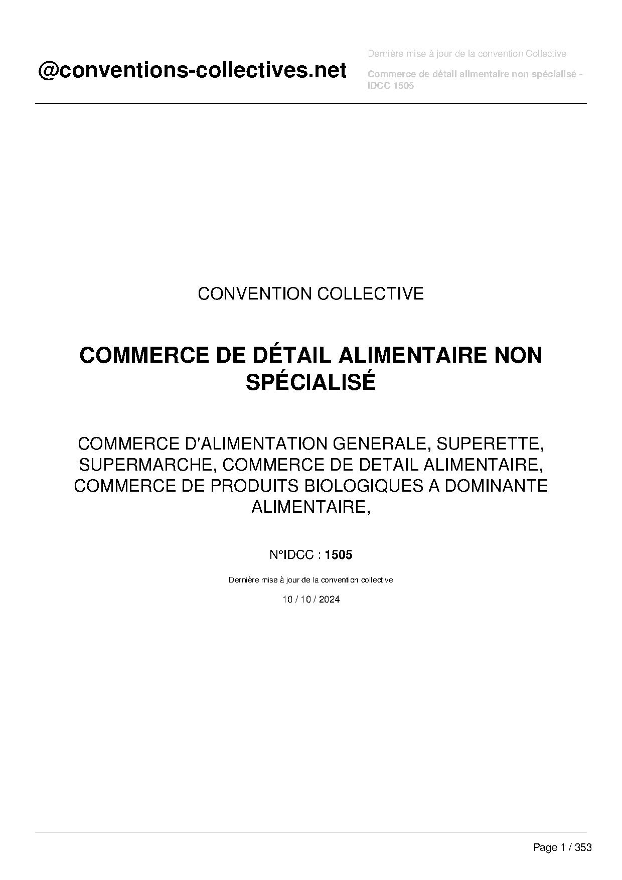 Convention collective Commerce de détail alimentaire non spécialisé - IDCC 1505