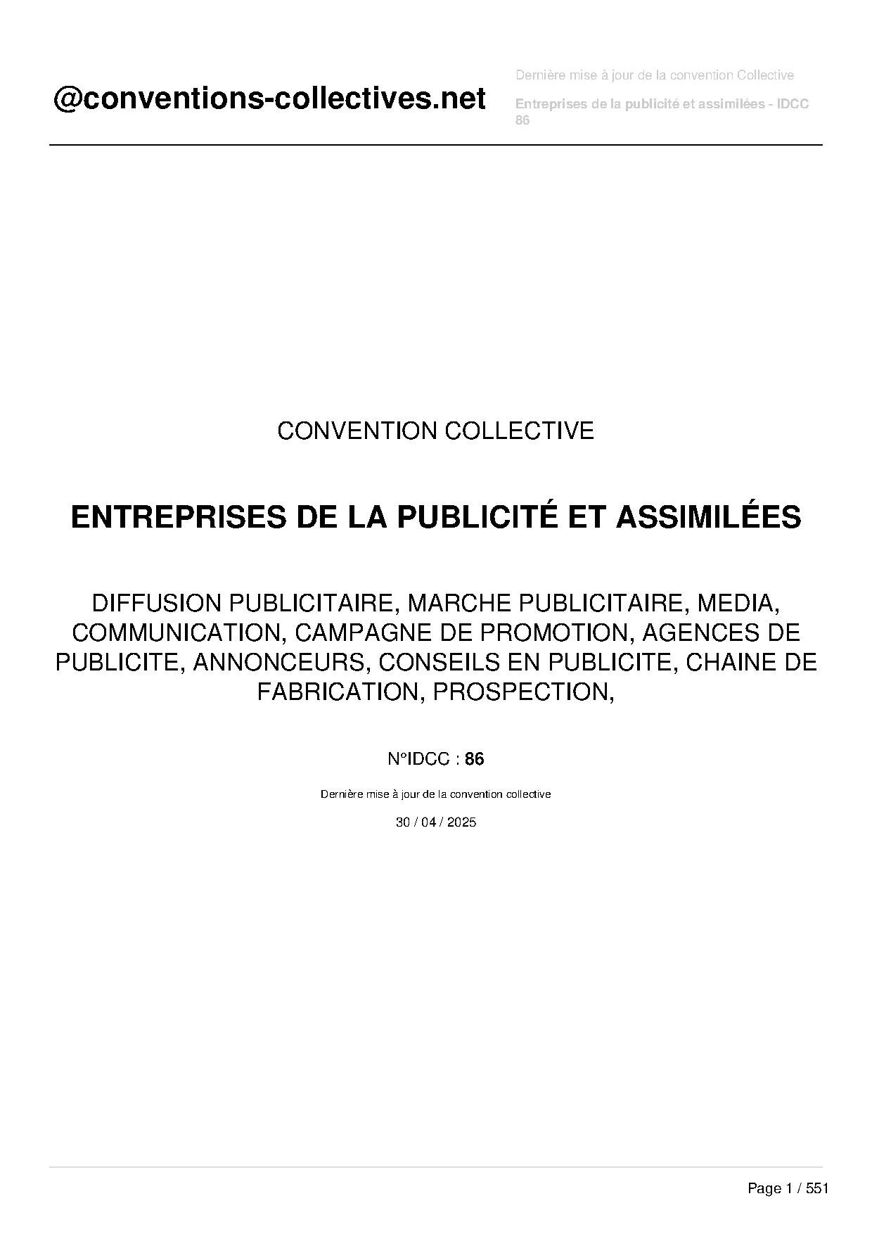 Convention collective Entreprises de la publicité et assimilées - IDCC 86
